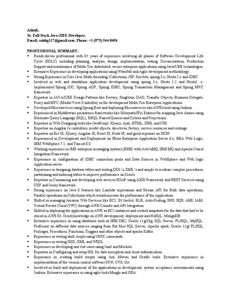 Ashish, Sr. Full Stack Java/J2EE Developer, Email: Professional Summary | PDF | Spring Framework ...