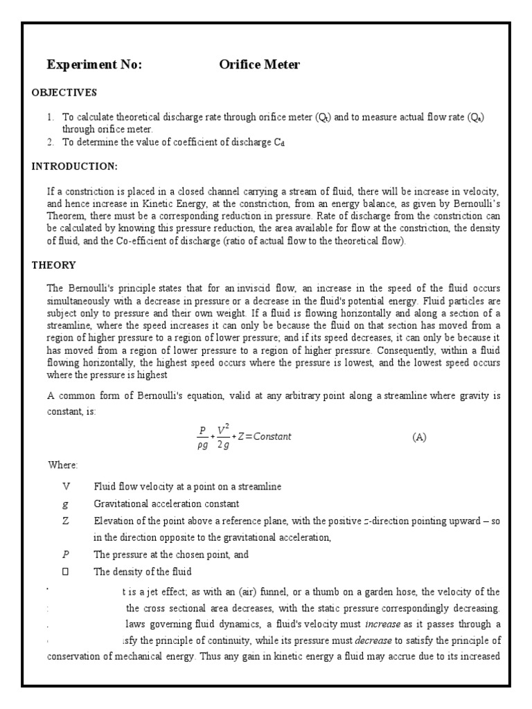 Lab. Manual Orifice Meter | PDF | Fluid Dynamics | Pressure