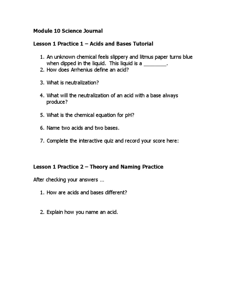 Module 10 Science Journal Lesson 1 Practice 1 - Acids and Bases ...