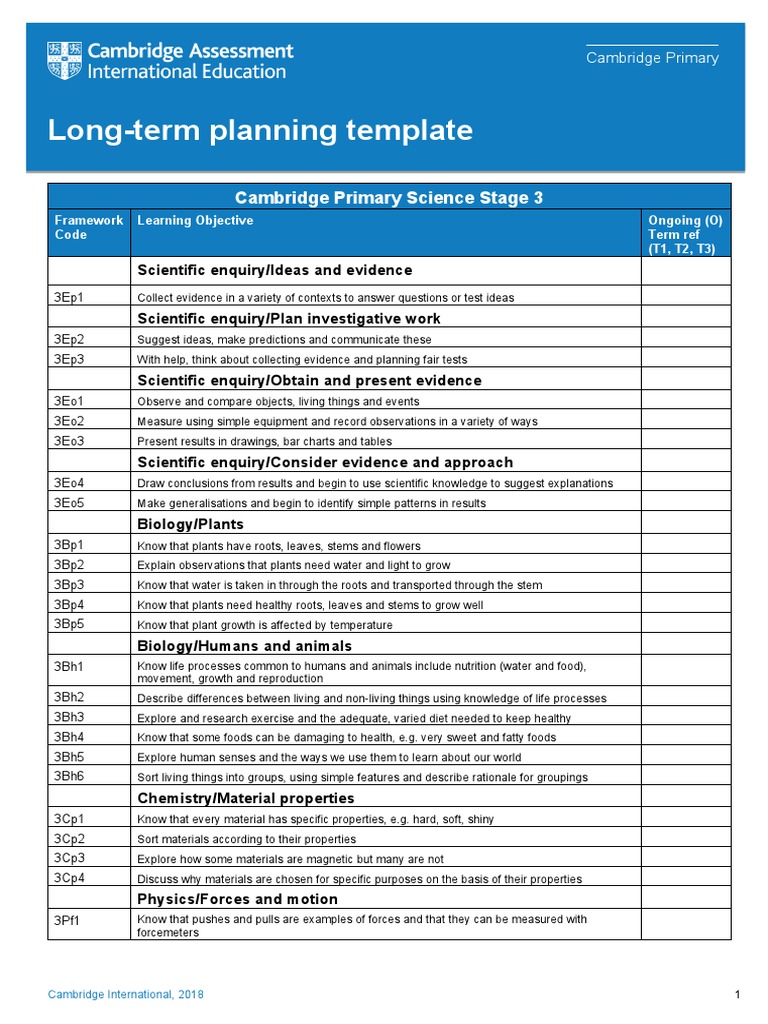 Long-Term Planning Template: Cambridge Primary Science Stage 3 | PDF ...