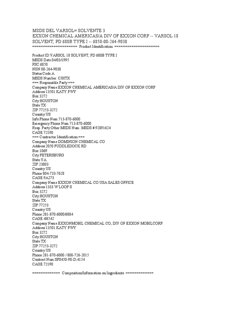MSDS Del Varsol | PDF | Fires | Water