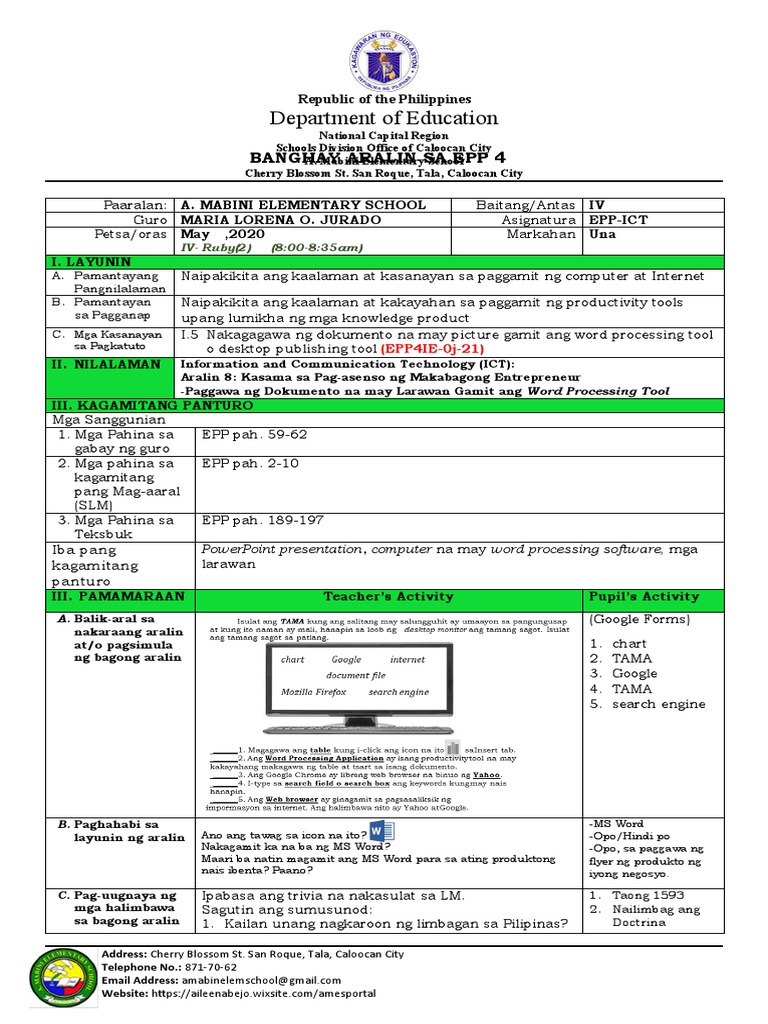 EPP 4 LESSON PLAN ICT A.MABINI ESwithsuggestions | PDF