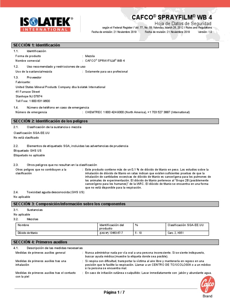 Sds Cafco Sprayfilm Wb4 Us Sds Es 200715 | PDF | Primeros auxilios ...