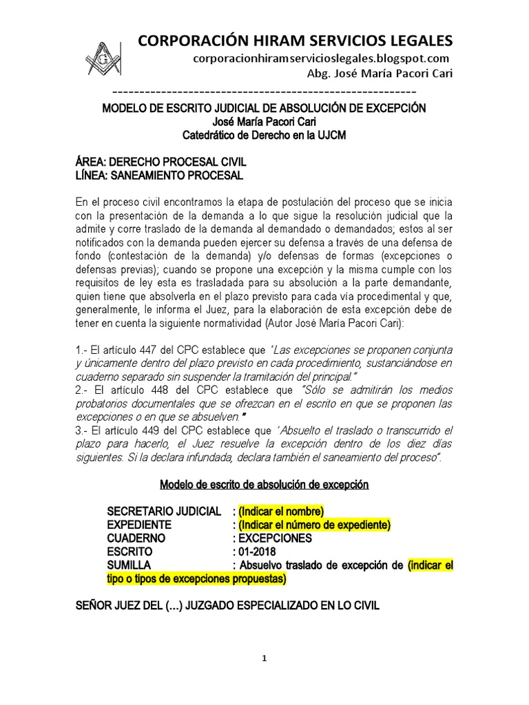 Modelo de Escrito Judicial de Absolución de Excepción | PDF | Demanda ...