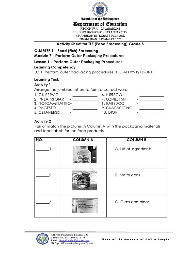 Grade 8 Food Processing Activity Sheet | PDF | Foods | Materials