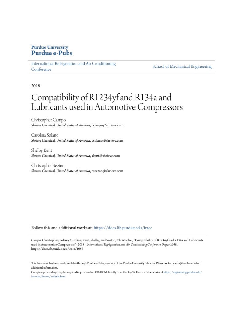 Compatibility of R1234yf and R134a and Lubricants Used in Automot | PDF ...