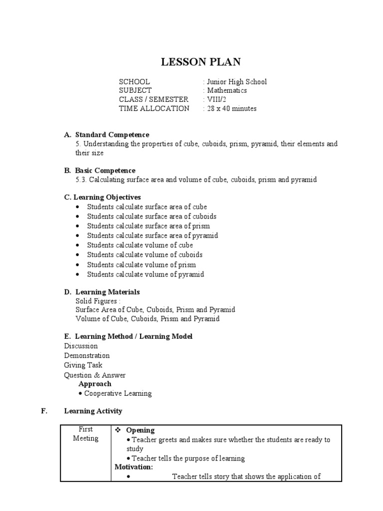 Lesson Plan: Cube and Cuboid Concepts | PDF | Area | Worksheet