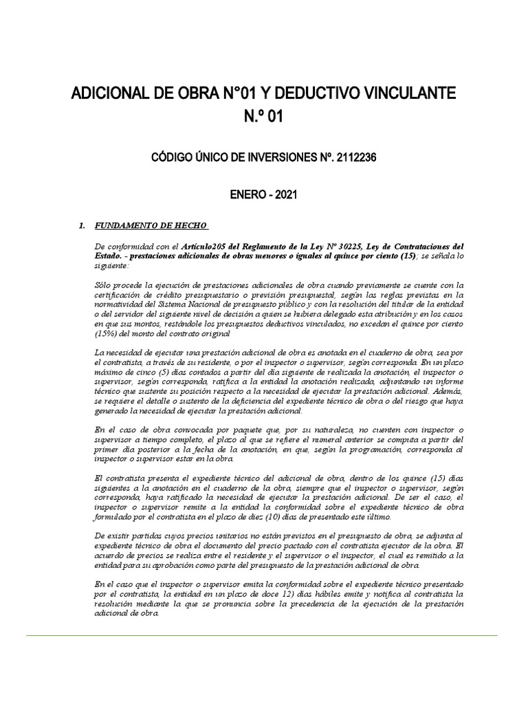 Solicitud de aprobación de adicional de obra y presupuesto deductivo vinculante de acuerdo a la ...