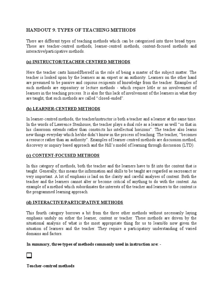 Teaching Methods Handout | PDF | Lecture | Brainstorming