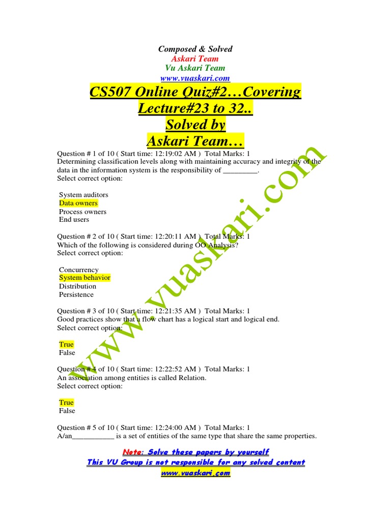 CS507 OnlineQuiz#2 Lecture#23to32 Solved-By AskariTeam | PDF | Information Security | Component ...