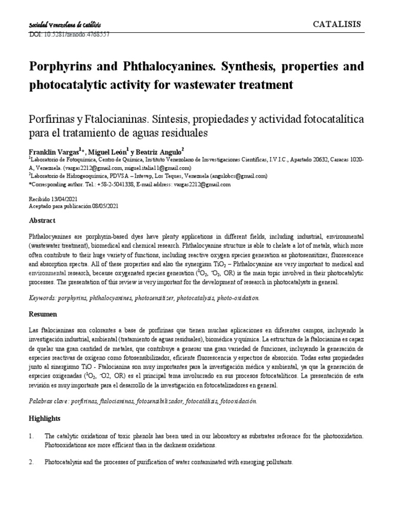 Porphyrins and Phthalocyanines. Synthesis, Properties and Photocatalytic Activity For Wastewater ...