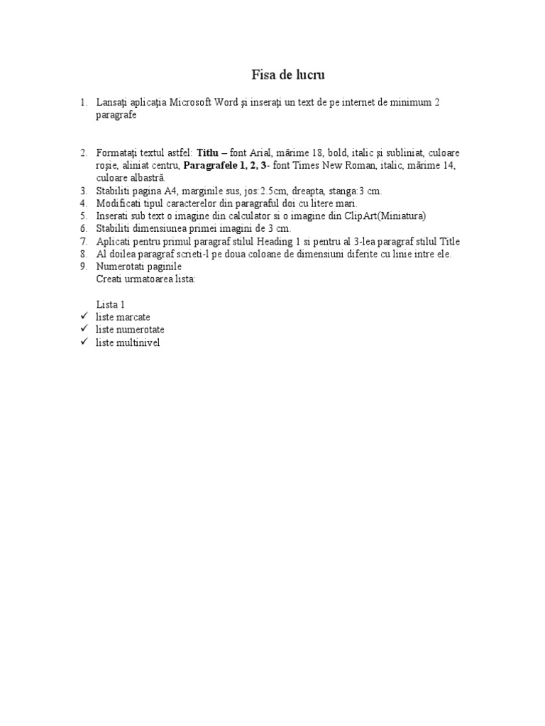 Fisa de Lucru Word 9 10 11 | PDF