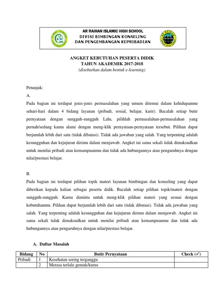 1 Need Assessment - Angket Kebutuhan1 | PDF