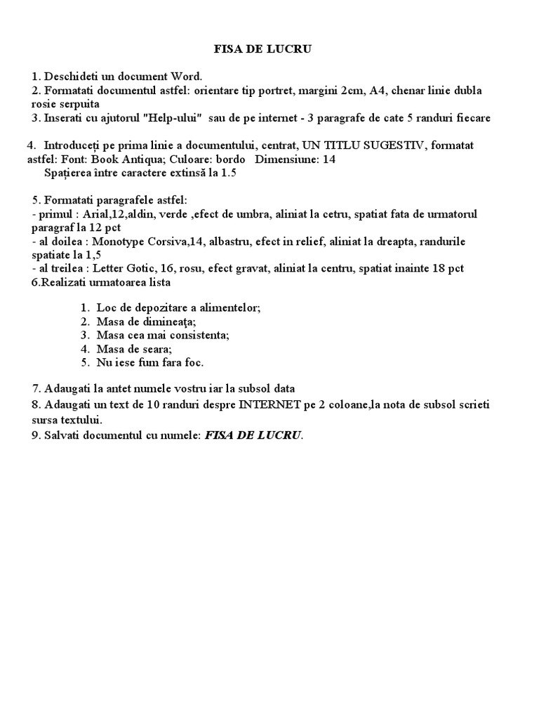 Fisa Word Clasa 5 | PDF