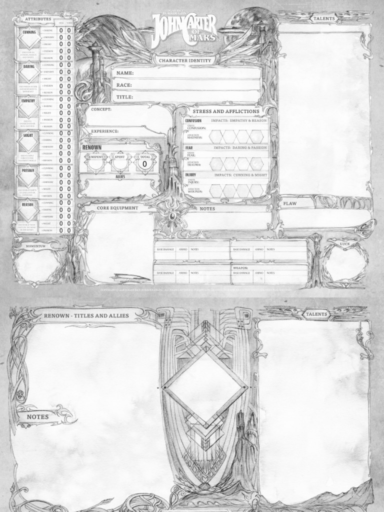 John Carter Of Mars Character Sheet Bw Final Modiphius 2d20 System Pdf 