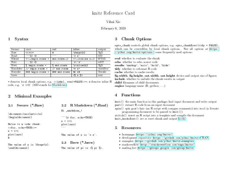 Knitr Reference Card: 1 Syntax 3 Chunk Options | PDF | Computer ...