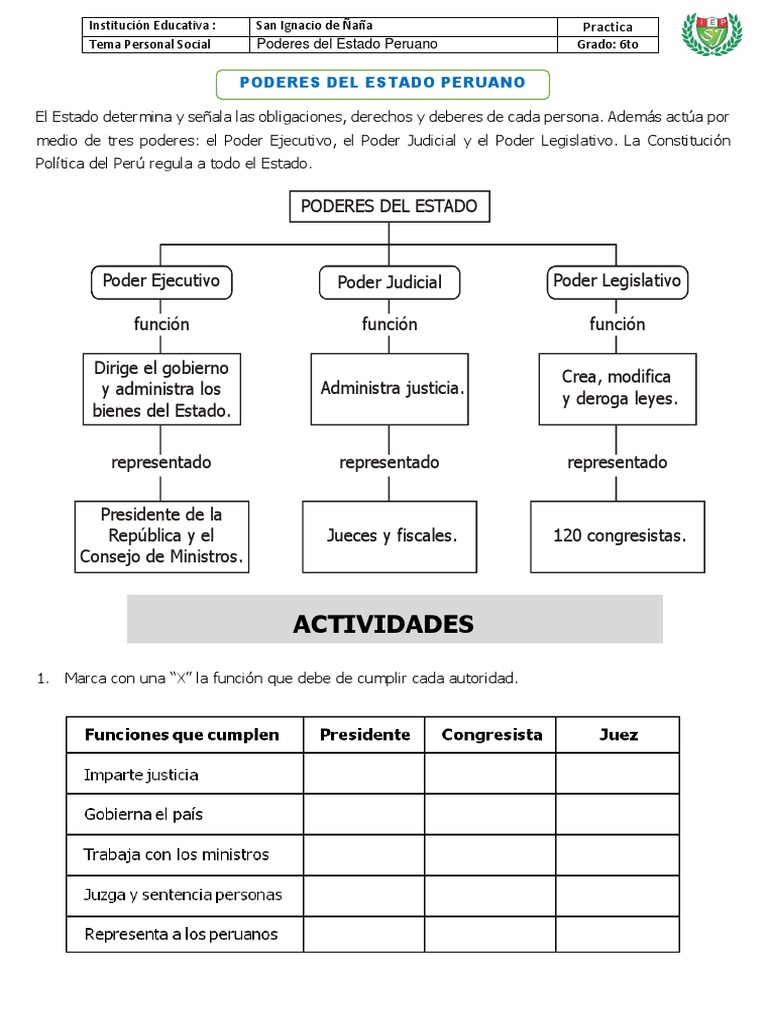 Ficha Poderes Del Estado Peruano | PDF | Separación de poderes | Estado (política)