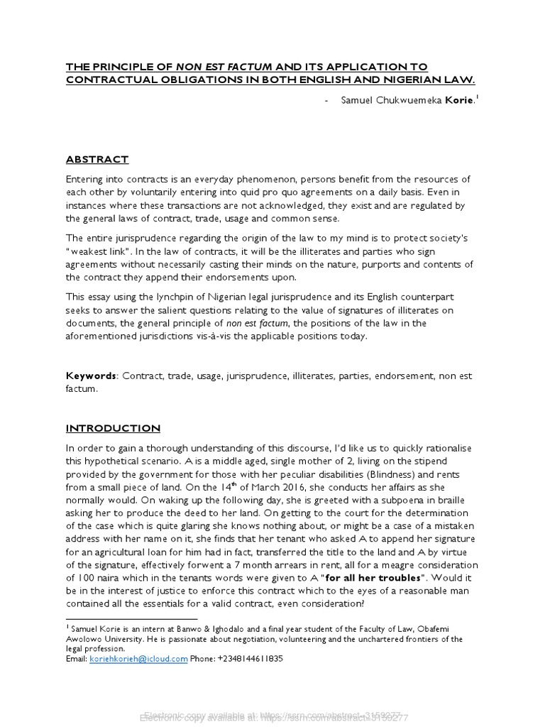 The Principle of Non Est Factum in Contract Cases | PDF | Negligence ...