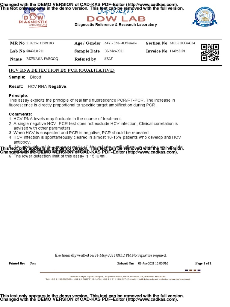 Sample: Blood Result: HCV RNA Negative. Principle | PDF | Hepatitis C ...