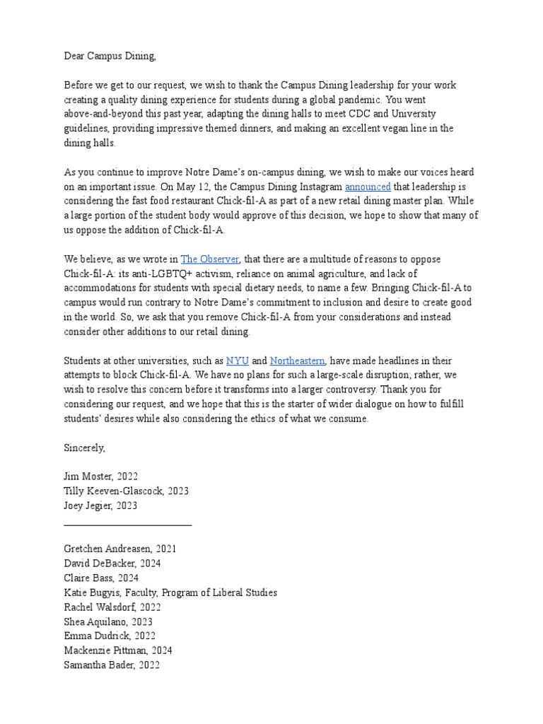 Letter To Campus Dining On Chick-fil-A | PDF | Restaurants | Food Industry