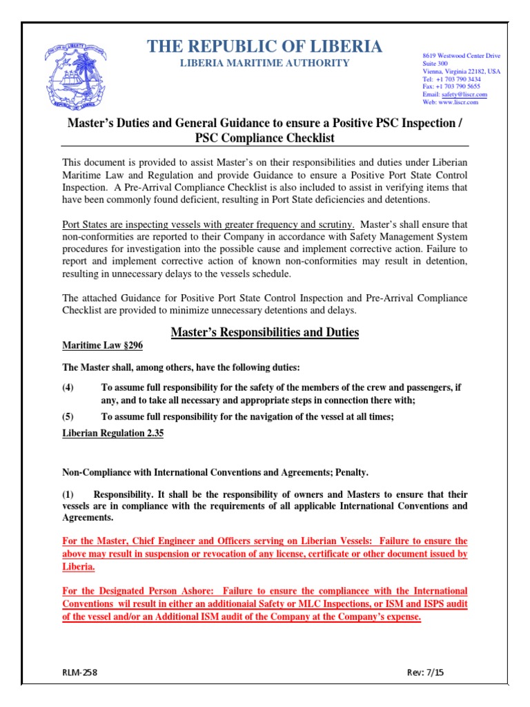 RLM-258 PRE ARRIVAL PSC INSPECTION - Version 7-15 Amd | PDF | Transport ...