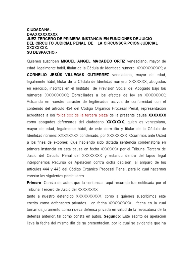 Modelo de Recurso de Apelacion de Sentencia Penal. | PDF | Sentencia (ley) | Ley procesal