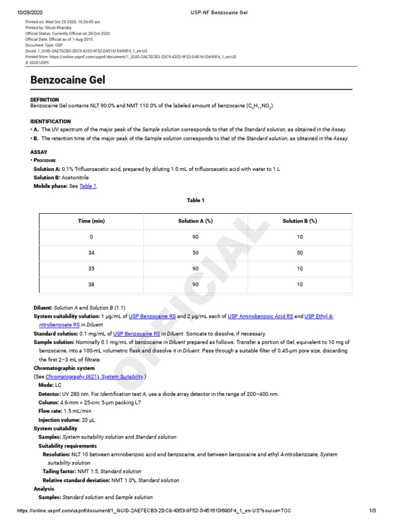 USP-NF Benzocaine Gel | PDF | Chromatography | Laboratory Techniques