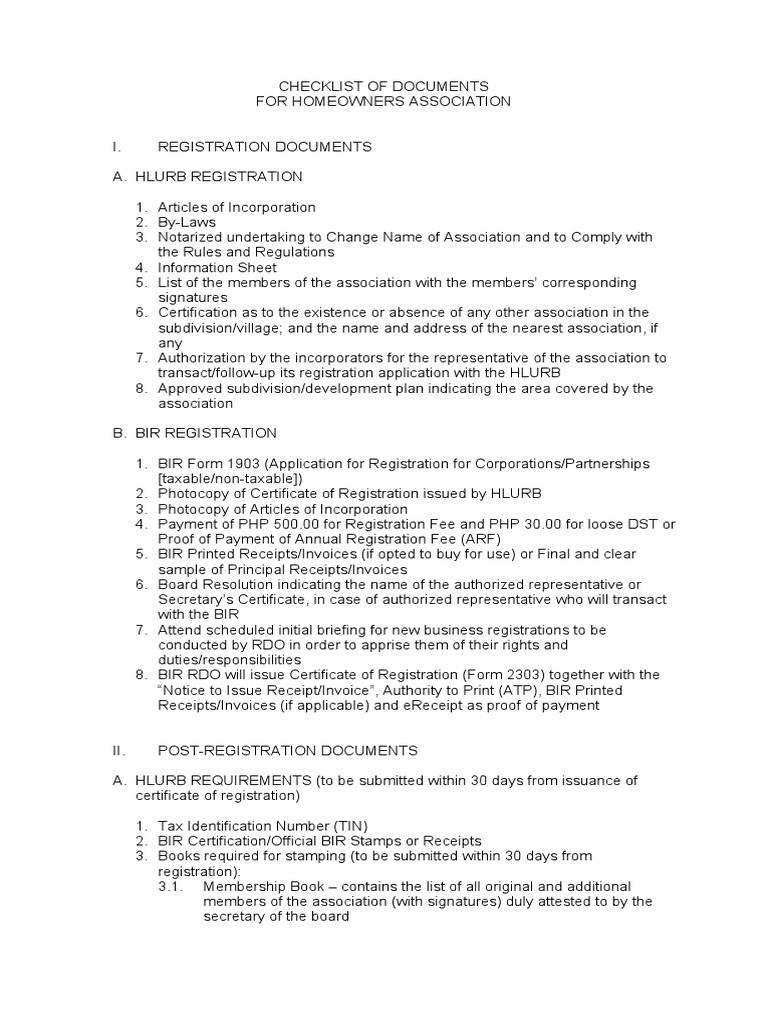 CHECKLIST OF DOCUMENTS For HOA | PDF | Receipt | Taxes