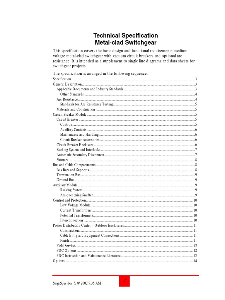 Technical Specification Metal-Clad Switchgear | PDF | Fuse (Electrical ...