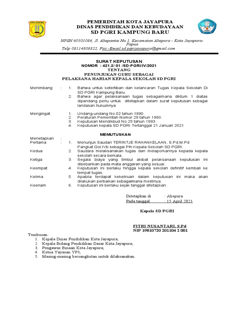 Surat Keputusan Penunjukan PLH Kepala Sekolah | PDF