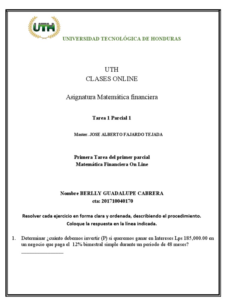 Tareas de Matemática Financiera UTH | PDF | Economias | Finanzas (general)