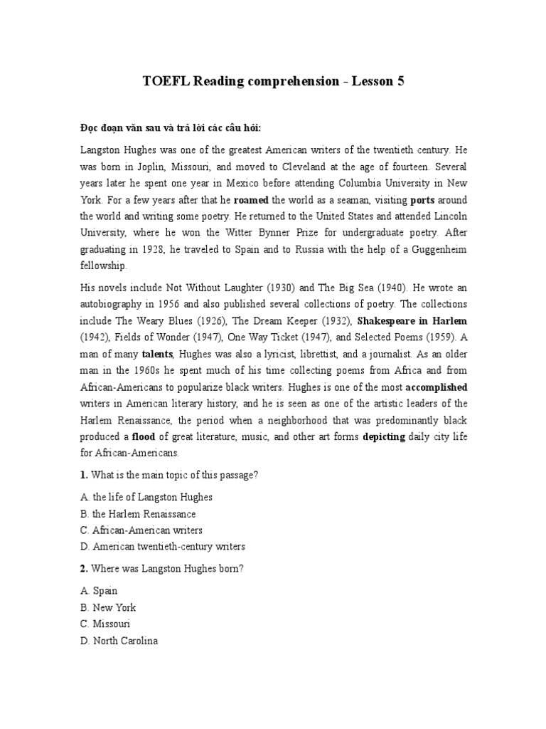 Toefl Reading Comprehension Lesson 5 | PDF | Harlem Renaissance | Poetry