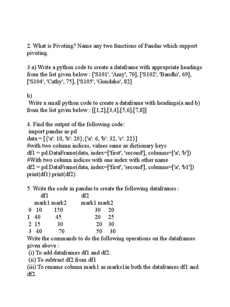 Pandas Questions | PDF | Computer Programming | Software Engineering Pandas Questions | PDF | Computer Programming | Software Engineering