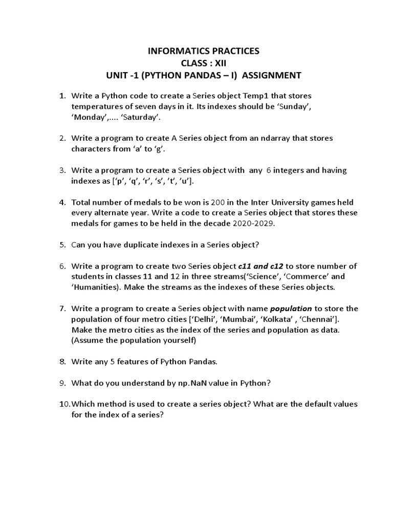 Informatics Practices Class Xii Unit 1 Python Pandas I Assignment Pdf