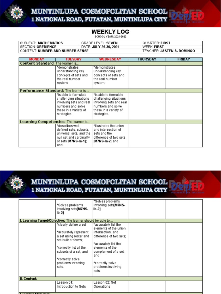 7th Grade Math Weekly Log: Sets | PDF | Set (Mathematics) | Communication