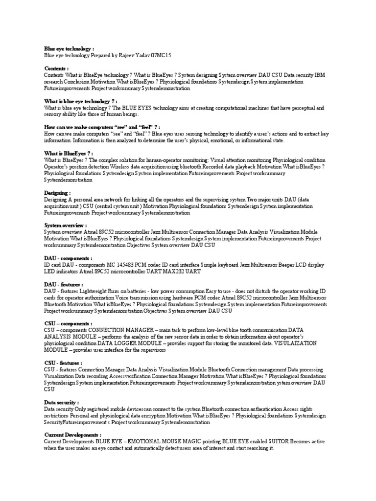 Blue Eye Technology Overview | PDF | Bluetooth | Computer Science