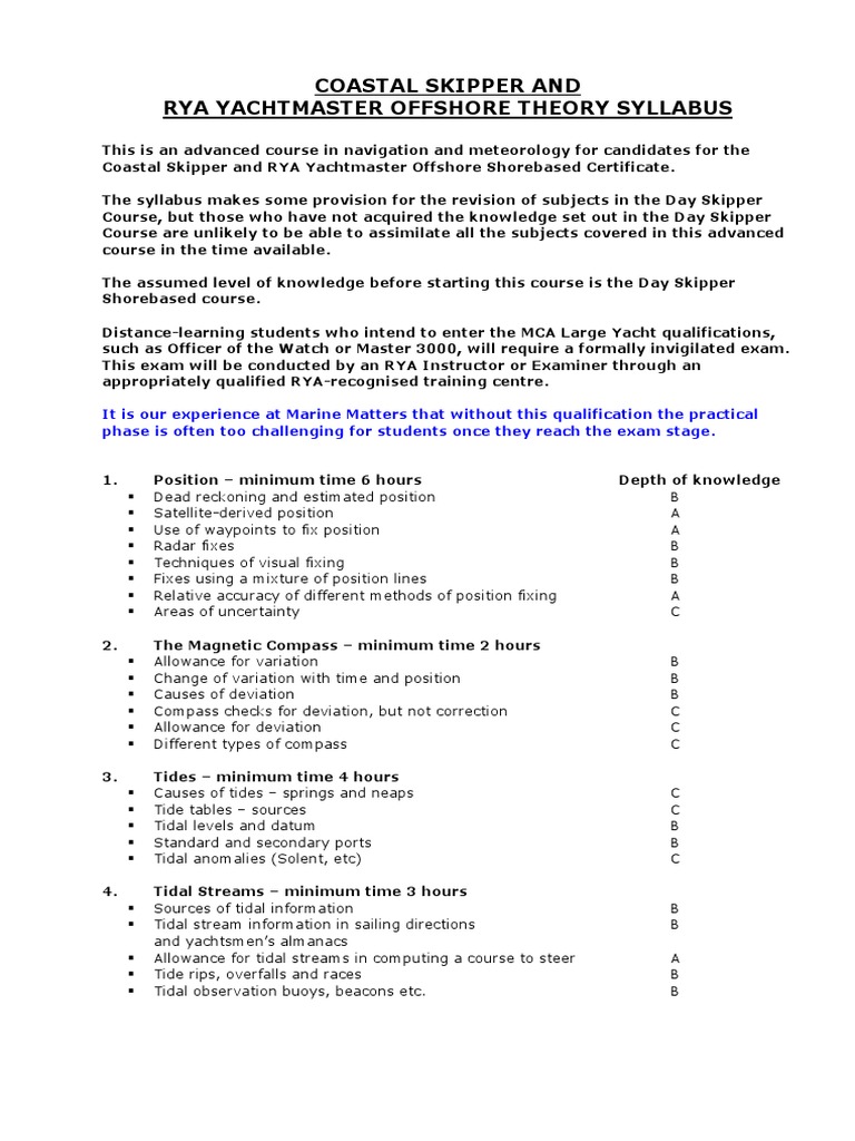 RYA Coastal Skipper and RYA Yachtmaster Offshore Theory Course Syllabus ...