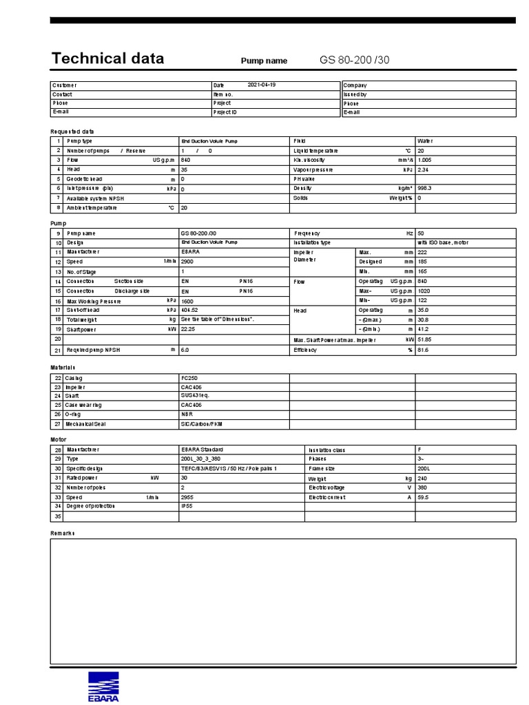 Pump Specifications for GS 80-200/30 | PDF | Pump | Continuum Mechanics