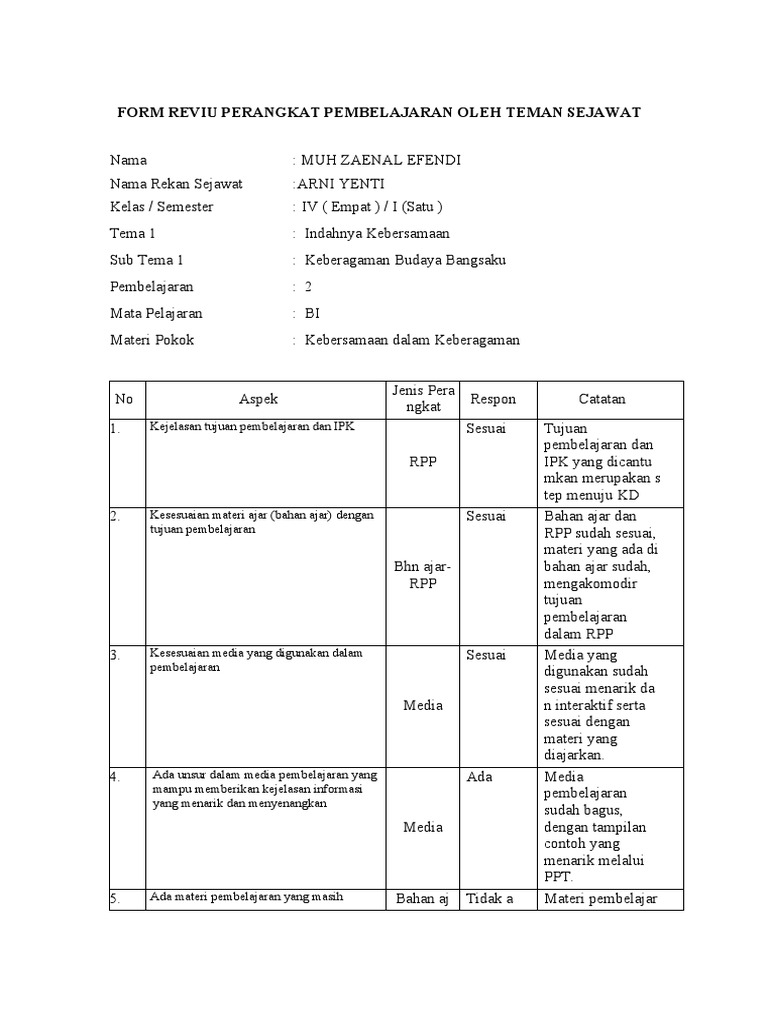 Reviu Perangkat Pembelajaran Sejawat | PDF