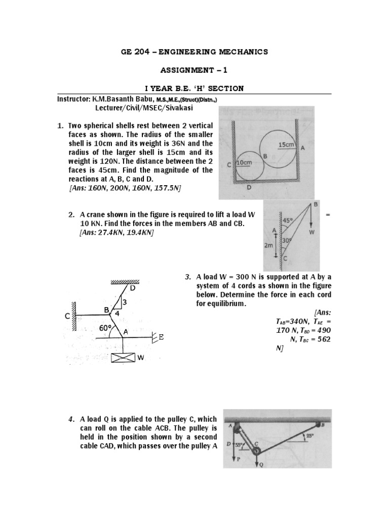 Ge 204 - Engineering Mechanics Assignment - 1 I Year B.E. H' Section ...