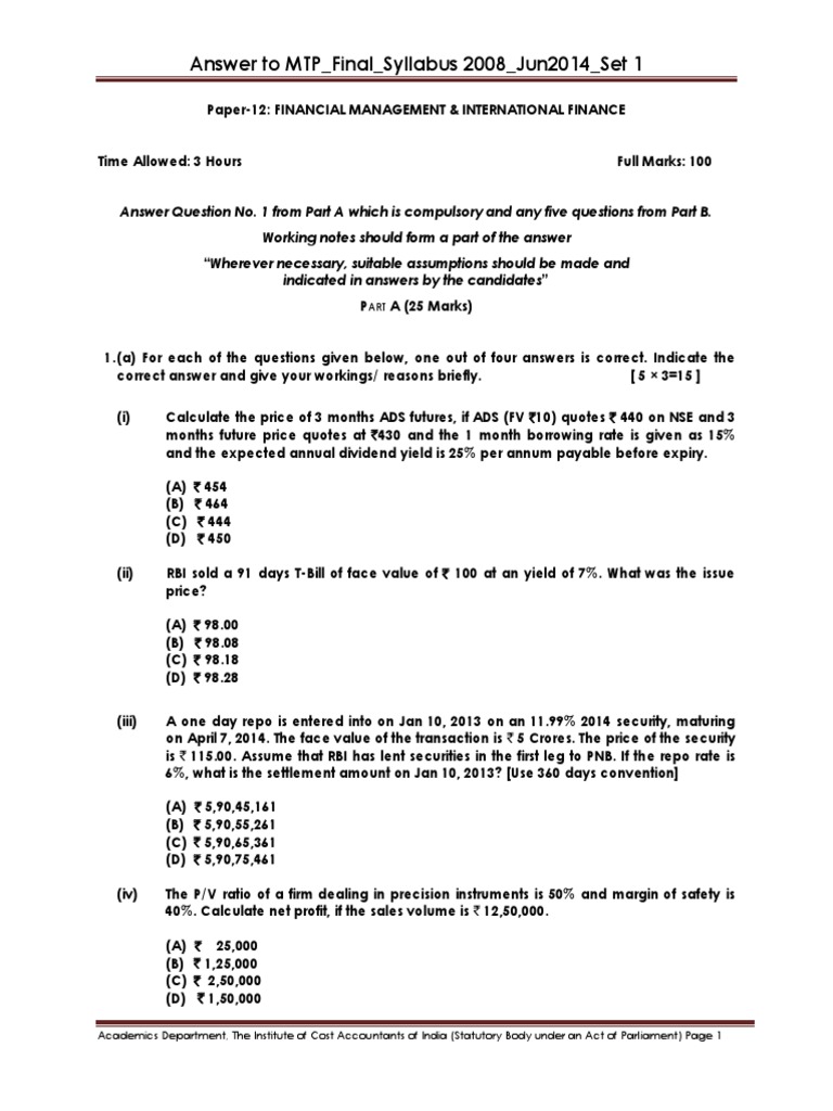 Answer To MTP - Final - Syllabus 2008 - Jun2014 - Set 1 | Download Free PDF | Net Present Value ...
