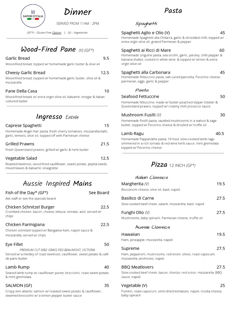 Sapori Ditalia Menu - Dinner | PDF | Spaghetti | Pasta