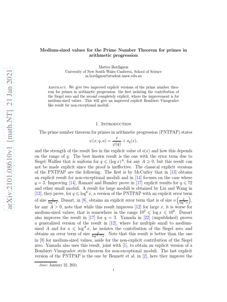 Medium-Sized Values For The Prime Number Theorem For Primes in Arithmetic Progression Matteo ...