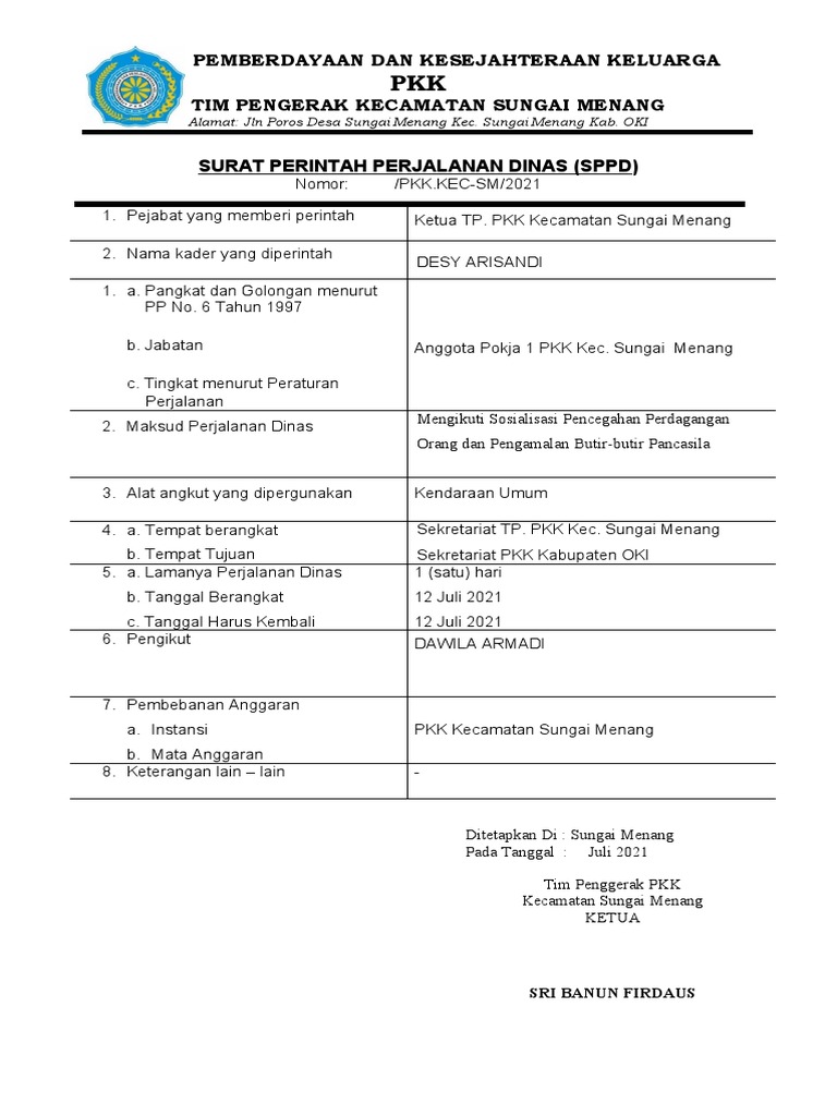 Contoh SPPD Tim Penggerak PKK | PDF