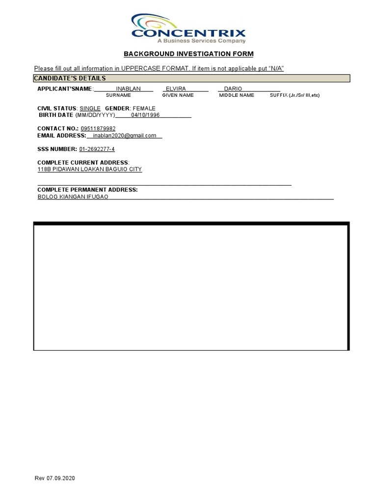 Background Investigation Form: Please Fill Out All Information in ...