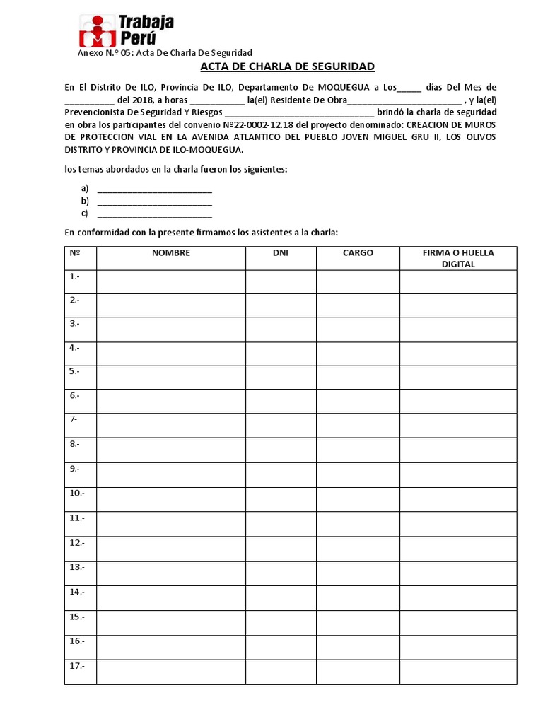 Acta de Charla de Seguridad | PDF