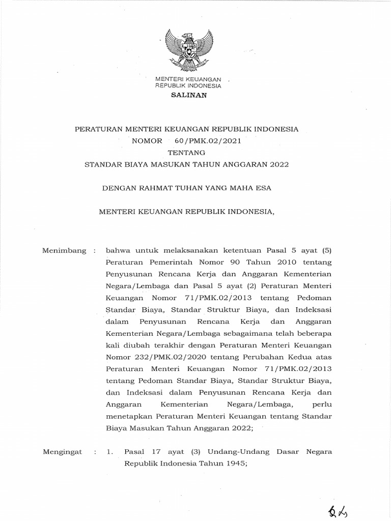 PMK-60 - MK.02 - 2021 Tentang Standar Biaya Masukan TA.2022 | PDF