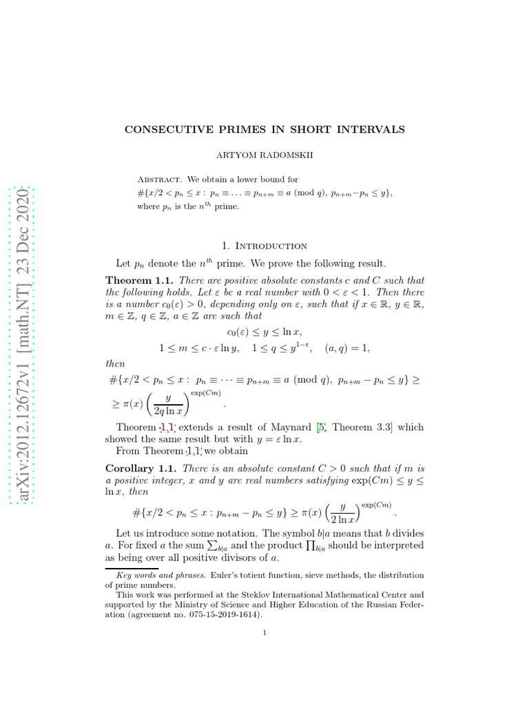 CONSECUTIVE PRIMES IN SHORT INTERVALS ARTYOM RADOMSKII - Proc Steklov ...