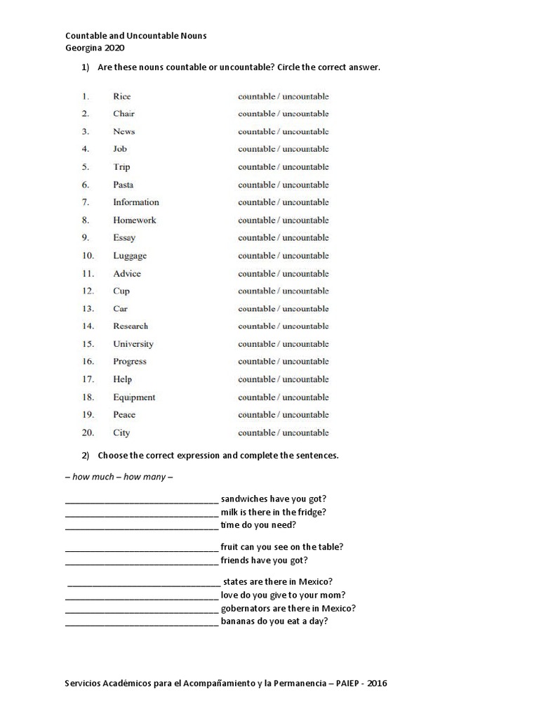 Countable vs Uncountable Nouns Exercises | PDF | Games & Activities
