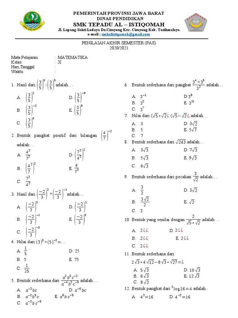 Soal Pas MTK Kelas X 20202021 | PDF
